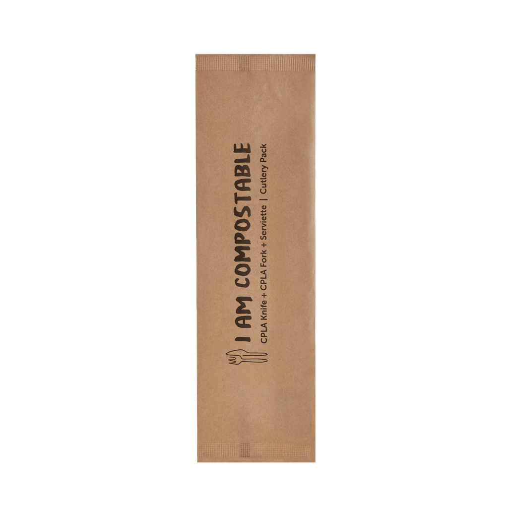 16cm CPLA Knife, Fork & Serviette in a Sealed Paper Pack | GREEN HOME